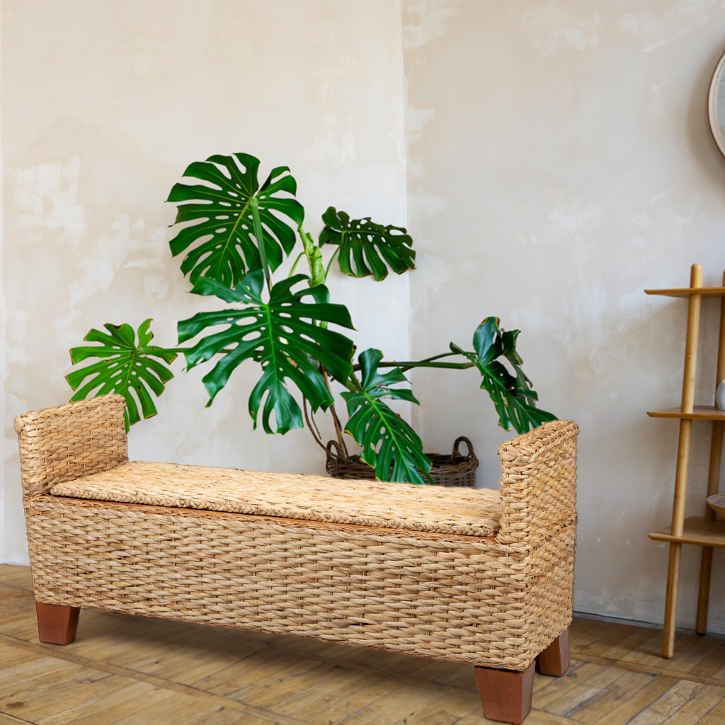 Wicker Storage Bench Rattan Woven Ottoman for Entryway, End of Bed, Li ...