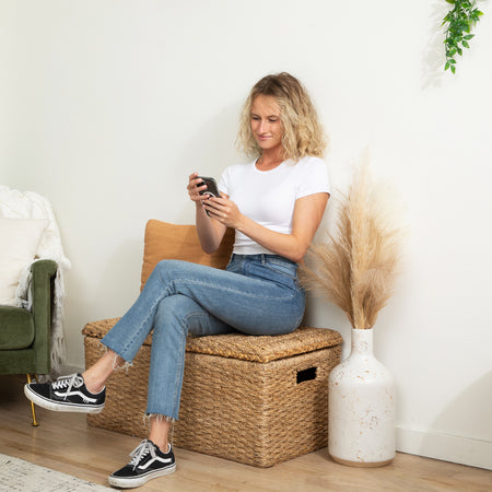 Wicker Storage Bench Rattan Woven Ottoman for Entryway, End of Bed, Li ...