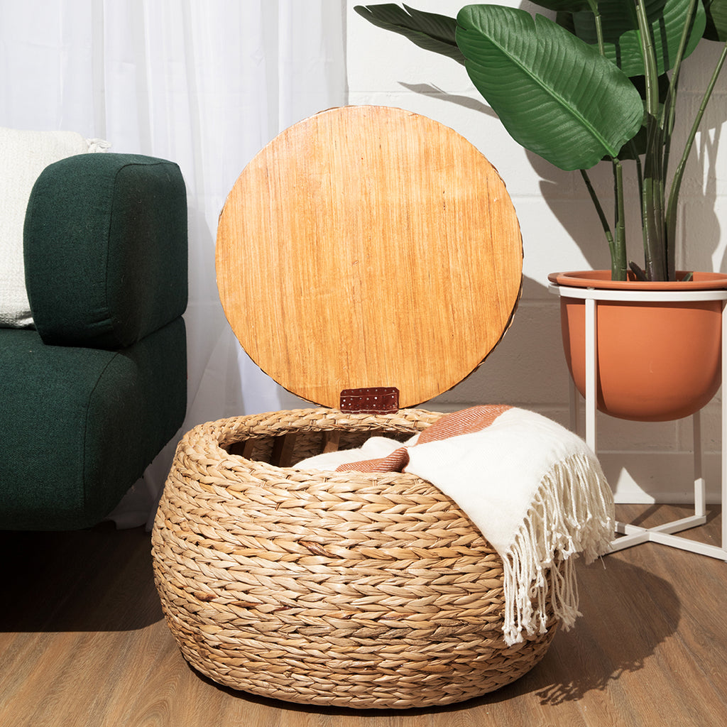Round Storage Ottoman Natural Wicker Rattan With Lid – wholestory